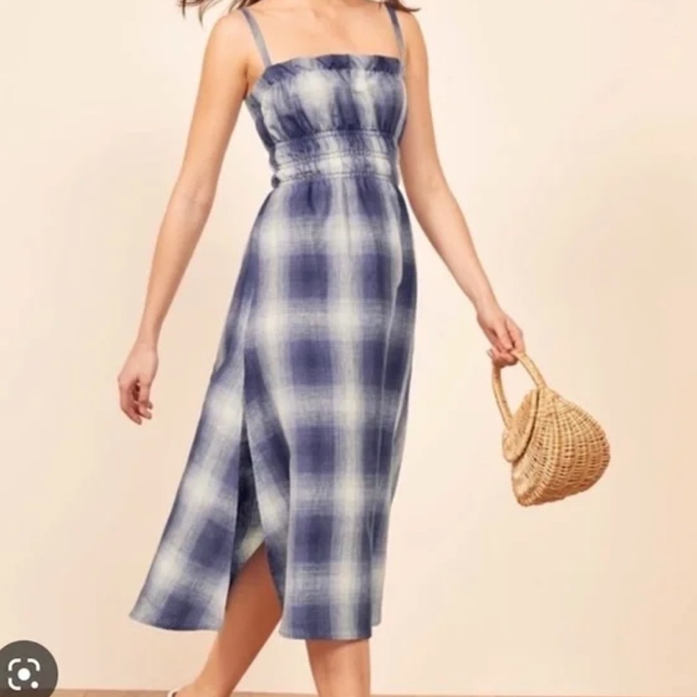 Reformation Faust Linen Midi Dress In Ghost Blue Plai… - Gem